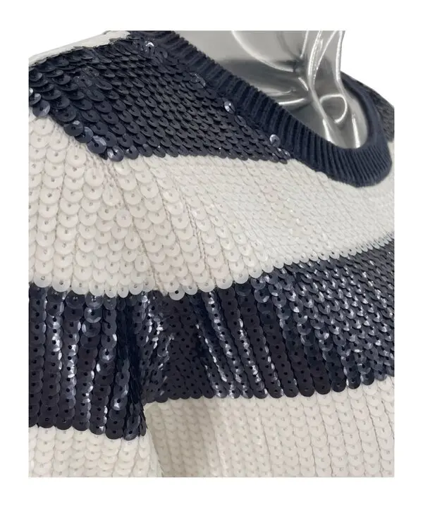 Emporio Armani Striped Sequin Embellished Short Sleeve Sweater