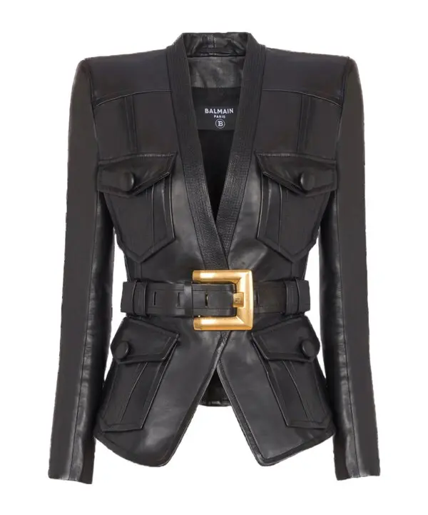 Balmain 1-button Belted Leather Jacket - Black