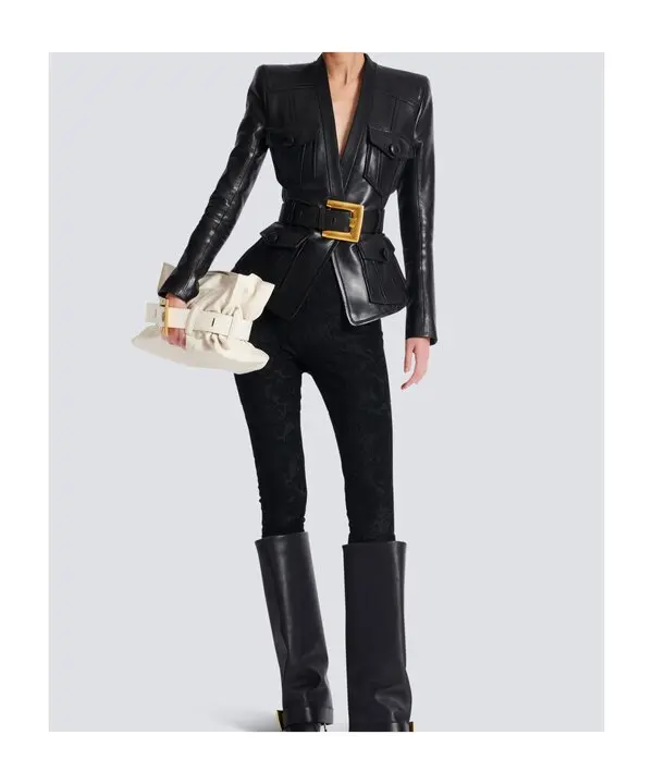 Balmain 1-button Belted Leather Jacket - Black