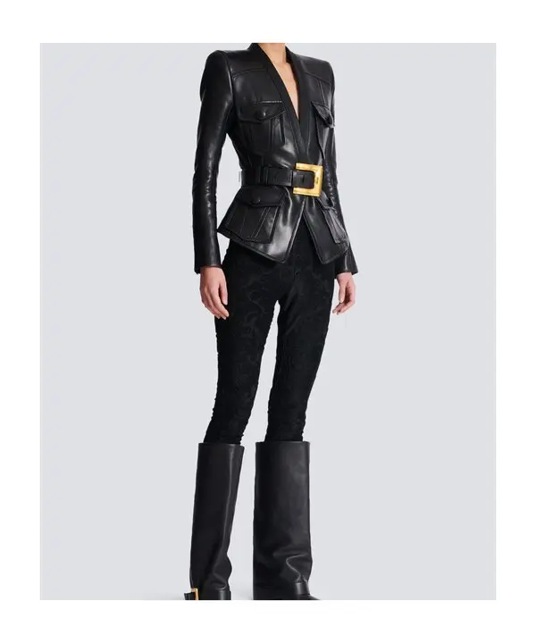 Balmain 1-button Belted Leather Jacket - Black