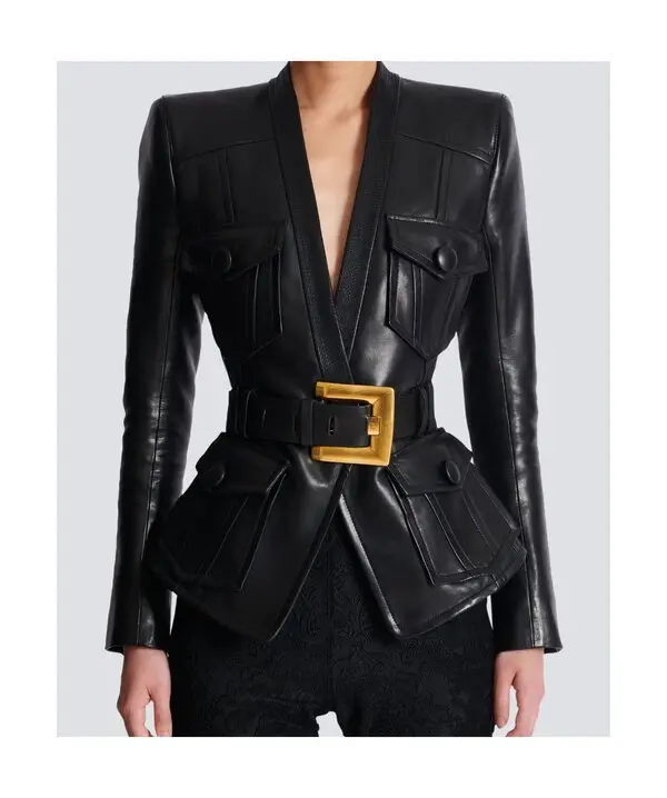 Balmain 1-button Belted Leather Jacket - Black