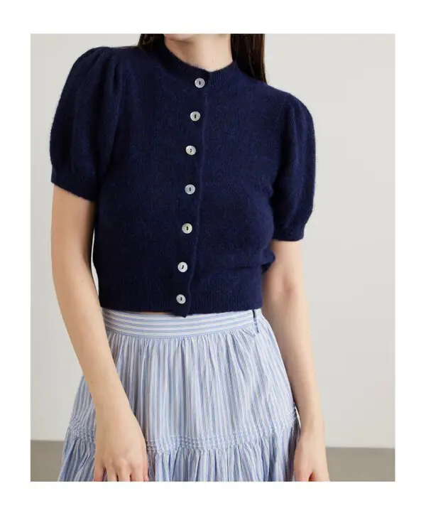 DÔEN Short Sleeve Button Front Cardigan - Navy