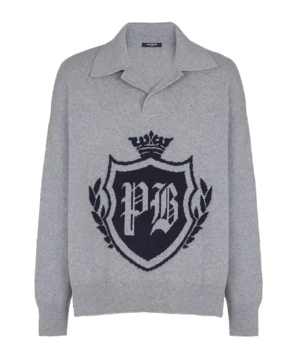 Balmain College Crest Knit Polo Sweater