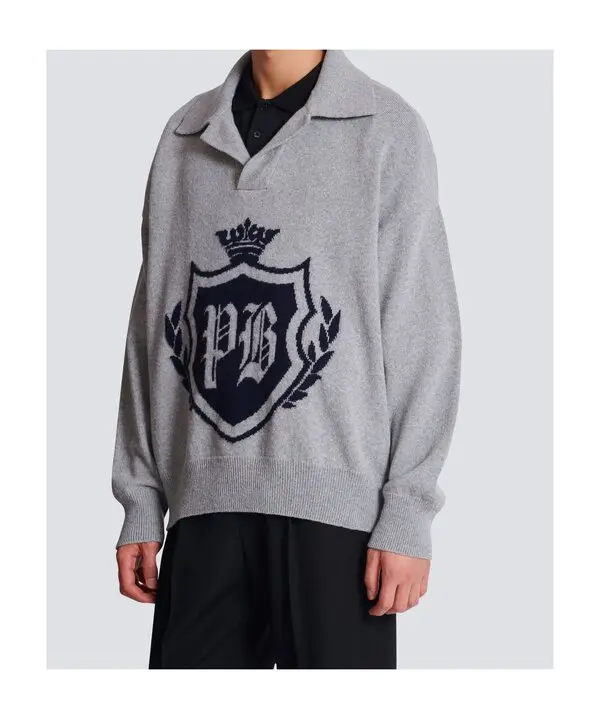 Balmain College Crest Knit Polo Sweater