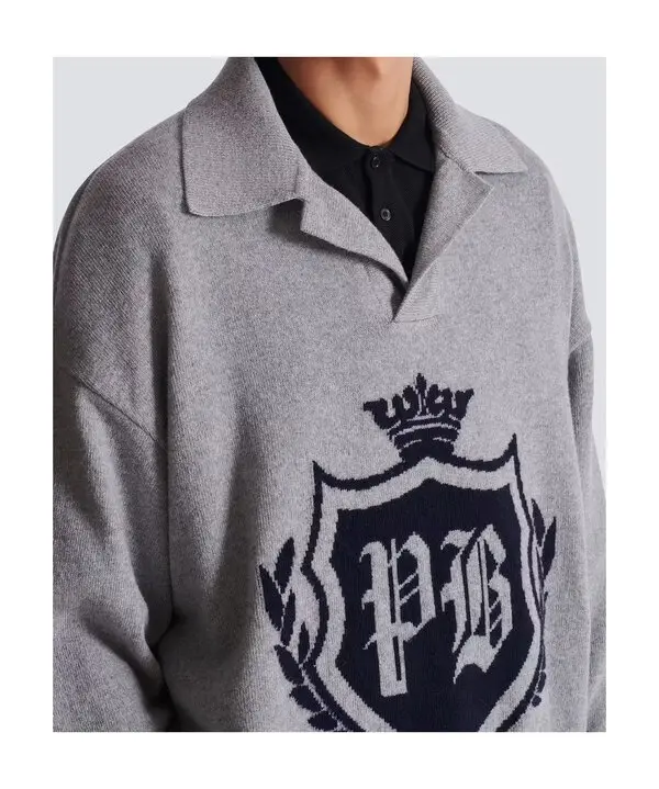 Balmain College Crest Knit Polo Sweater
