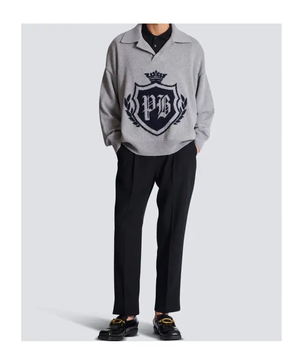 Balmain College Crest Knit Polo Sweater