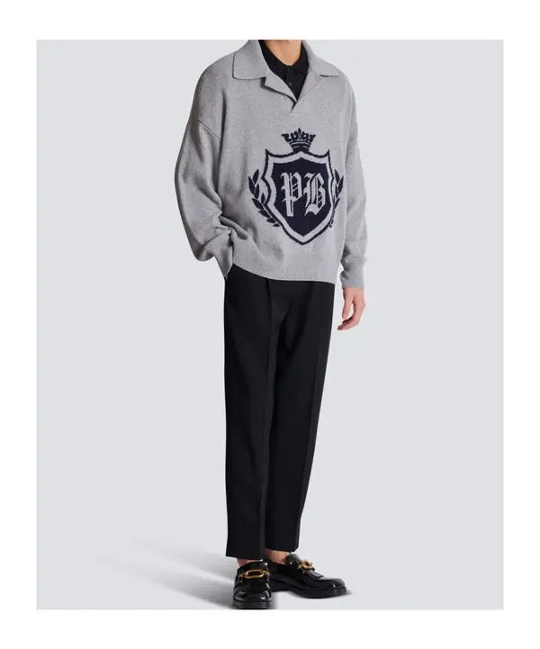 Balmain College Crest Knit Polo Sweater