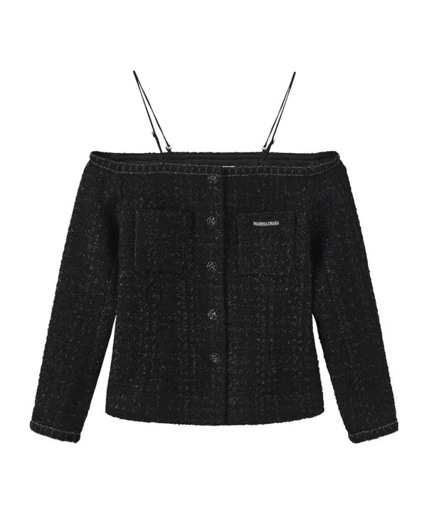 Marissa Chiara Off-the-shoulder Houndstooth Jacket - Black
