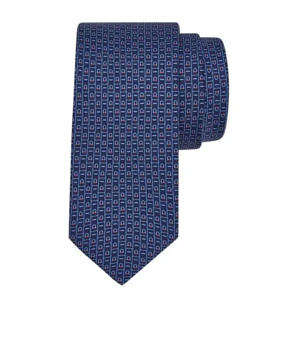 FERRAGAMO Gancini Monogram Neck Tie - Navy Blue/red