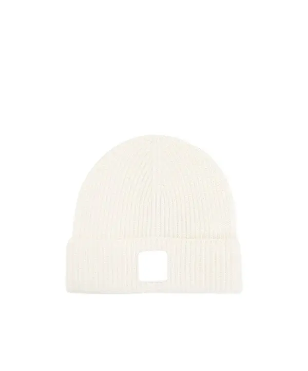C.P. COMPANY Logo Patch Ribbed Beanie - Ivory White