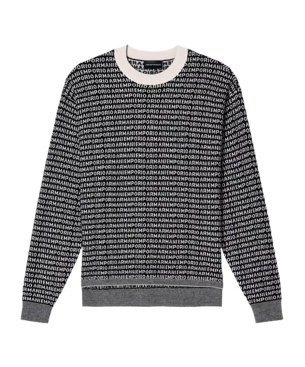 Emporio Armani Allover Logo Crew Neck Wool Sweater - Black