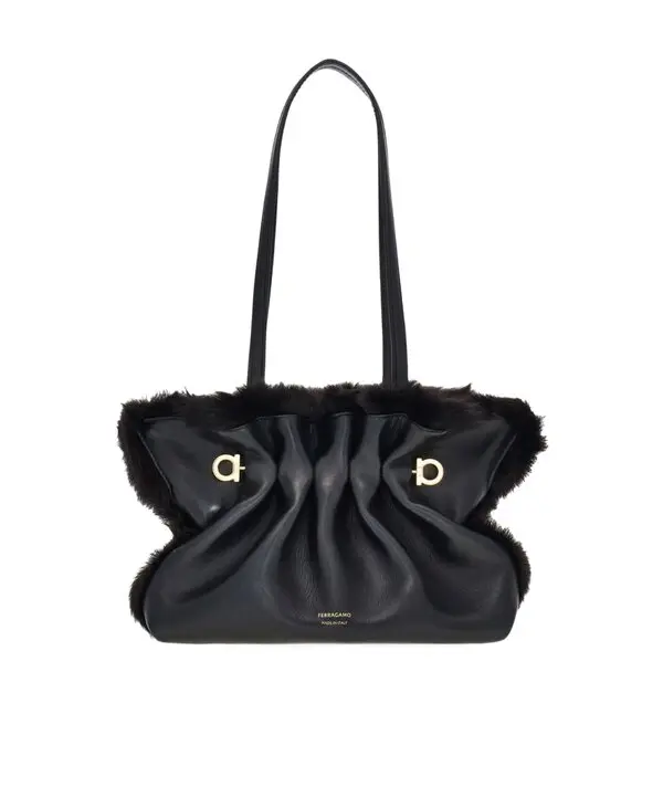 FERRAGAMO Small Gathered Detail Handbag With Fur Trim