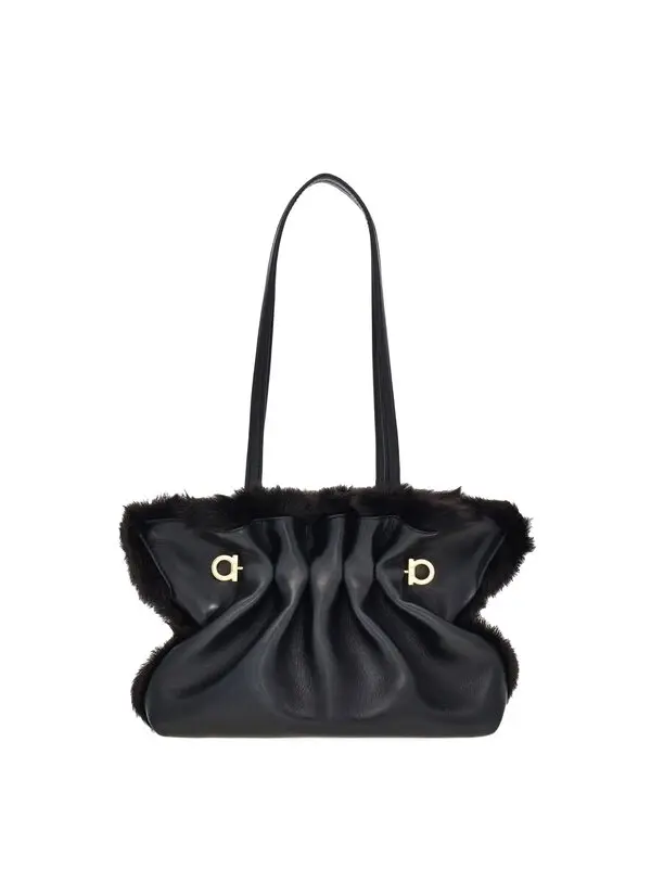FERRAGAMO Small Gathered Detail Handbag With Fur Trim