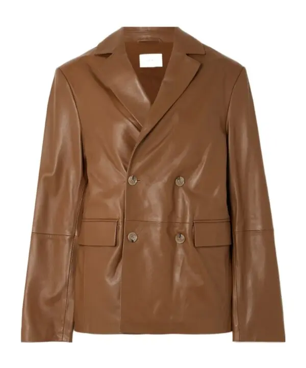 Loulou De Saison Net Sustain Davao Double-breasted Leather Blazer - Brown