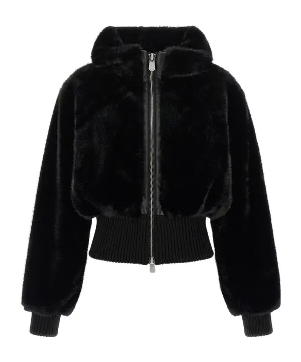 Pinko Faux Fur Zip-up Hooded Bomber Jacket - Black