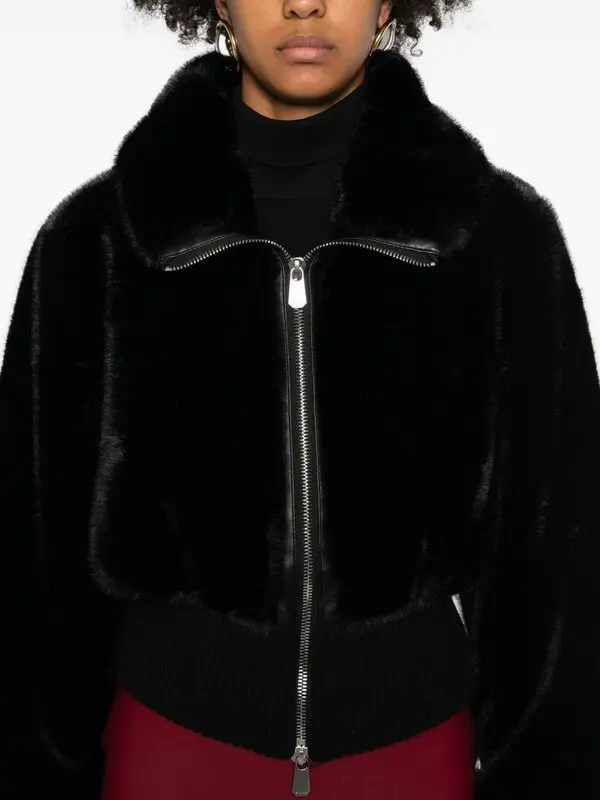 Pinko Faux Fur Zip-up Hooded Bomber Jacket - Black