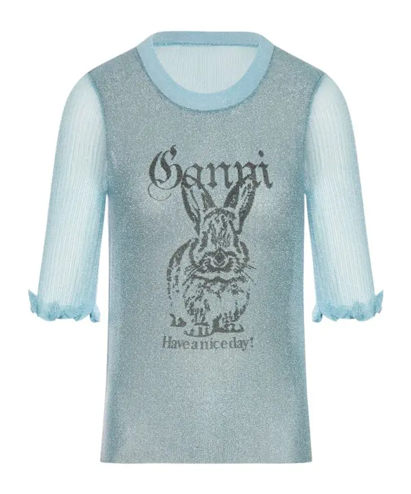 GANNI Sheer Jacquard Top With Graphic Motif - Gray