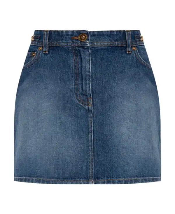 Versace Medusa Embellished Mini Denim Skirt