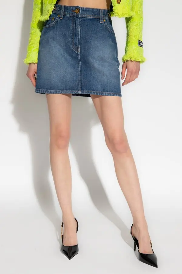 Versace Medusa Embellished Mini Denim Skirt