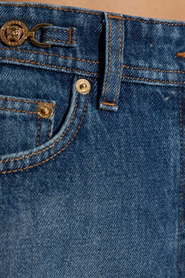 Versace Medusa Embellished Mini Denim Skirt