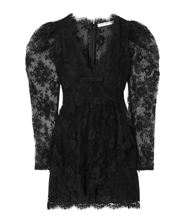 Alessandra Rich Lace Mini Dress With Puff Sleeves And Bow Detail