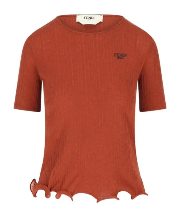 Fendi Ribbed Top With Embroidered Logo And Ruffled Hem - Brown
