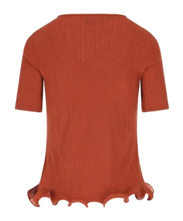 Fendi Ribbed Top With Embroidered Logo And Ruffled Hem - Brown