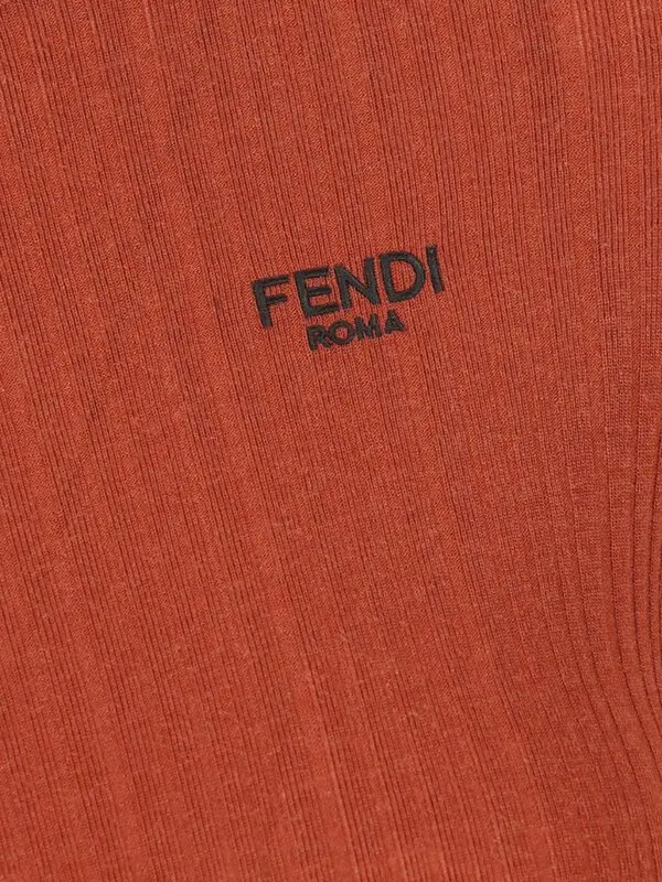 Fendi Ribbed Top With Embroidered Logo And Ruffled Hem - Brown