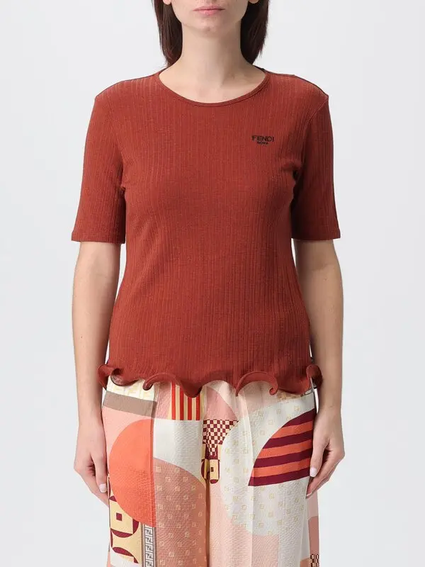 Fendi Ribbed Top With Embroidered Logo And Ruffled Hem - Brown