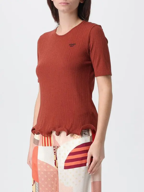 Fendi Ribbed Top With Embroidered Logo And Ruffled Hem - Brown