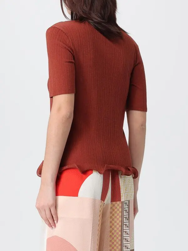 Fendi Ribbed Top With Embroidered Logo And Ruffled Hem - Brown