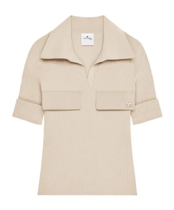 COURREGES Courrèges Logo Embroidered Ribbed T-shirt - Cappuccino