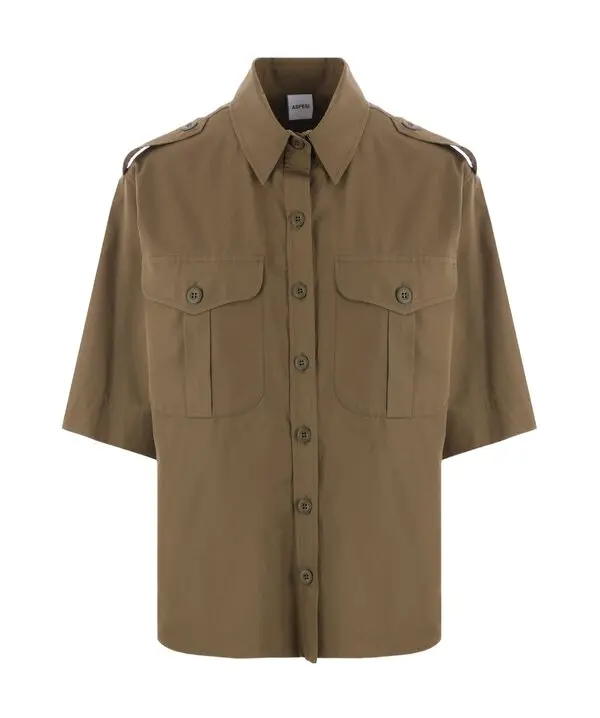 Aspesi Classic Button-up Top With Lapel And Short Sleeves - Green