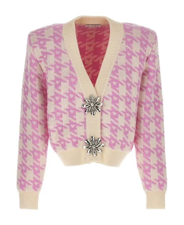 AREA V-neck Houndstooth Cardigan With Embellished Buttons - Nude