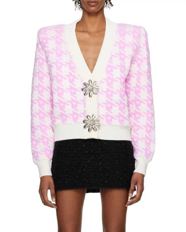 AREA V-neck Houndstooth Cardigan With Embellished Buttons