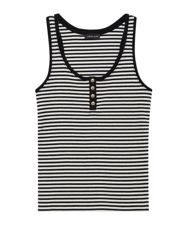 ANINE BING Alessia Striped Tank Top With Front Button Detail - Black