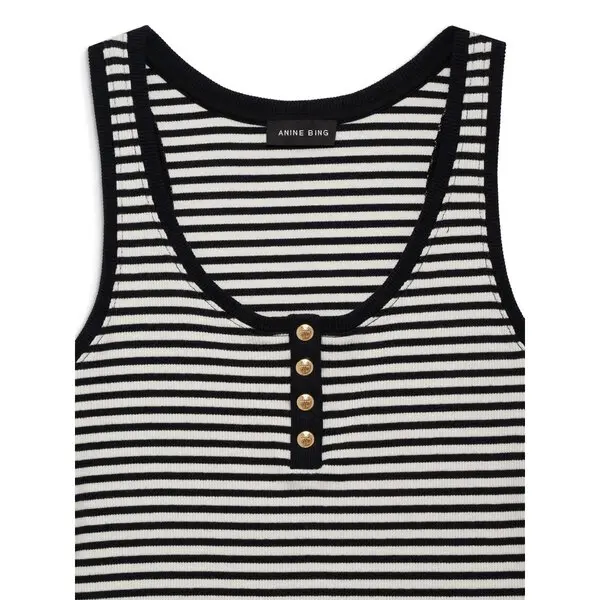 ANINE BING Alessia Striped Tank Top With Front Button Detail - Black