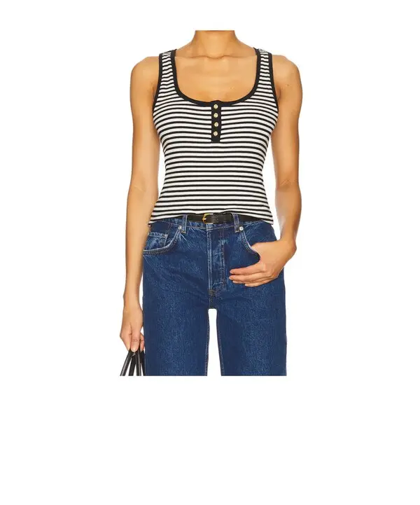 ANINE BING Alessia Striped Tank Top With Front Button Detail - Black