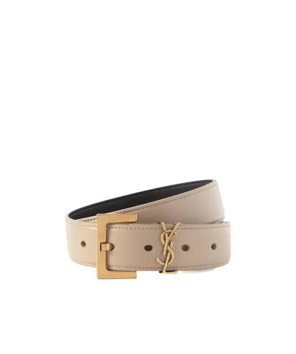 Saint Laurent Cassandre Logo Plaque Belt - Dark Beige