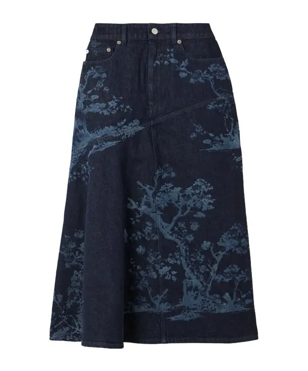 Erdem Asymmetrical Patchwork Printed Denim Midi Skirt