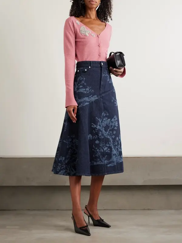 Erdem Asymmetrical Patchwork Printed Denim Midi Skirt