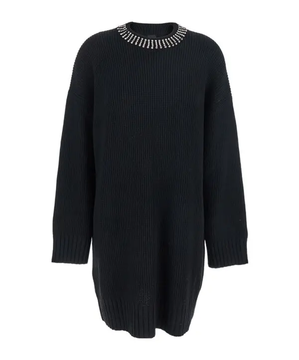 Pinko Long Sleeve Knit Dress With Embellished Crew Neck