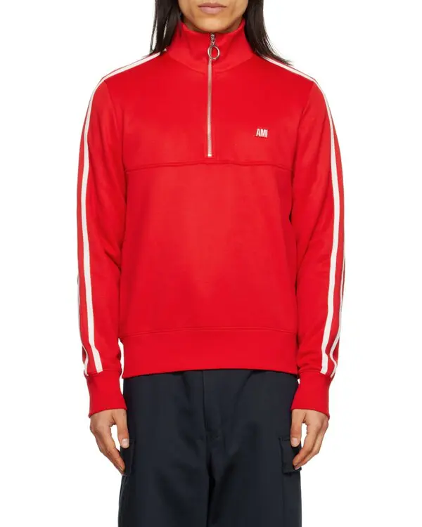 Ami Half-zip Pullover Sweatshirt With Striped Sleeves
