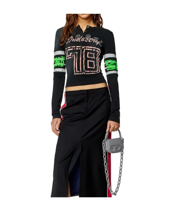 DIESEL® Cropped Long Sleeve Top With Flocked Print - Black