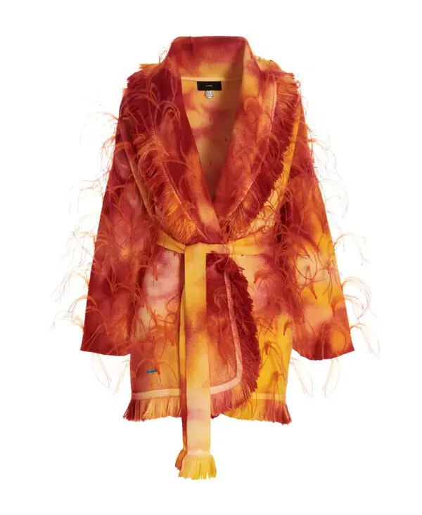 Alanui Long-sleeved Tie-dye Cardigan With Fringe And Belt - Red