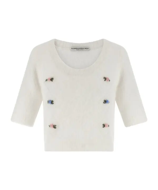 Alessandra Rich Embroidered Cropped Sweater - White