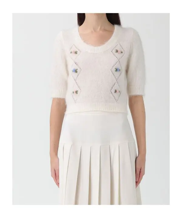 Alessandra Rich Cropped Knitted Jumper With Embroidered Detail - White