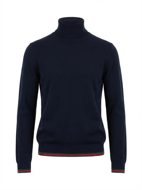 Gucci Fine Cashmere Turtleneck Jumper With Web Stripe Trim - Dark Blue