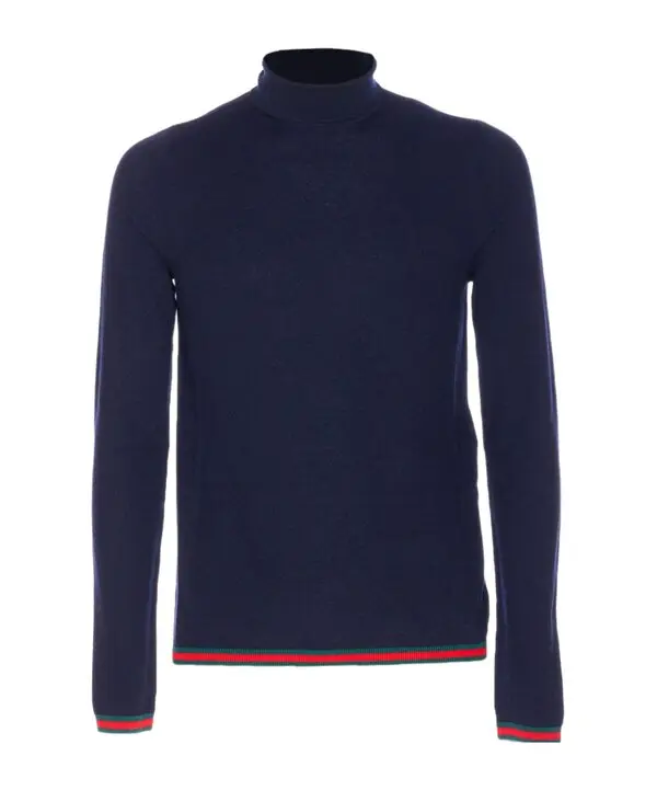 Gucci Fine Cashmere Turtleneck Jumper With Web Stripe Trim - Dark Blue