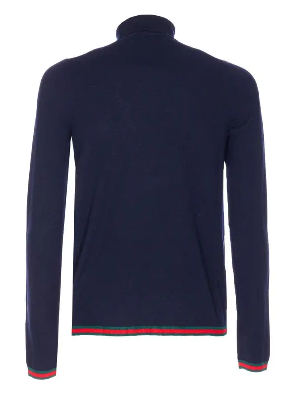 Gucci Fine Cashmere Turtleneck Jumper With Web Stripe Trim - Dark Blue